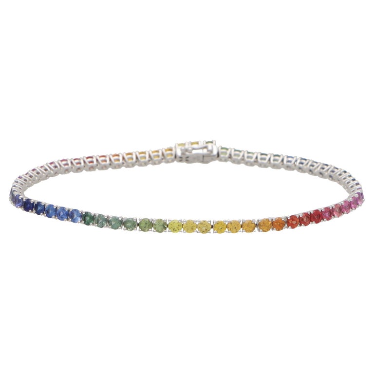 Rainbow Sapphire Tennis Line Bracelet Set in 14k White Gold For Sale at ...
