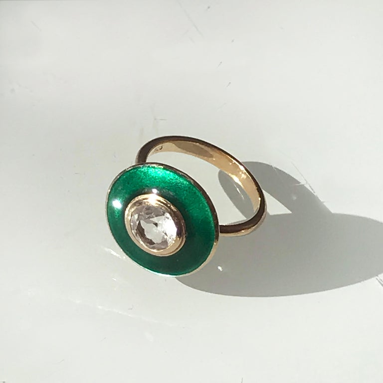 Rainforest Green Aurora Ring Vitreous Enamel 18 Karat Yellow Gold White ...