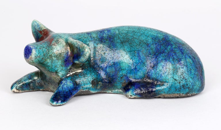 Raku Turquoise Glazed Studio Pottery Resting Pig Figure For Sale at ...