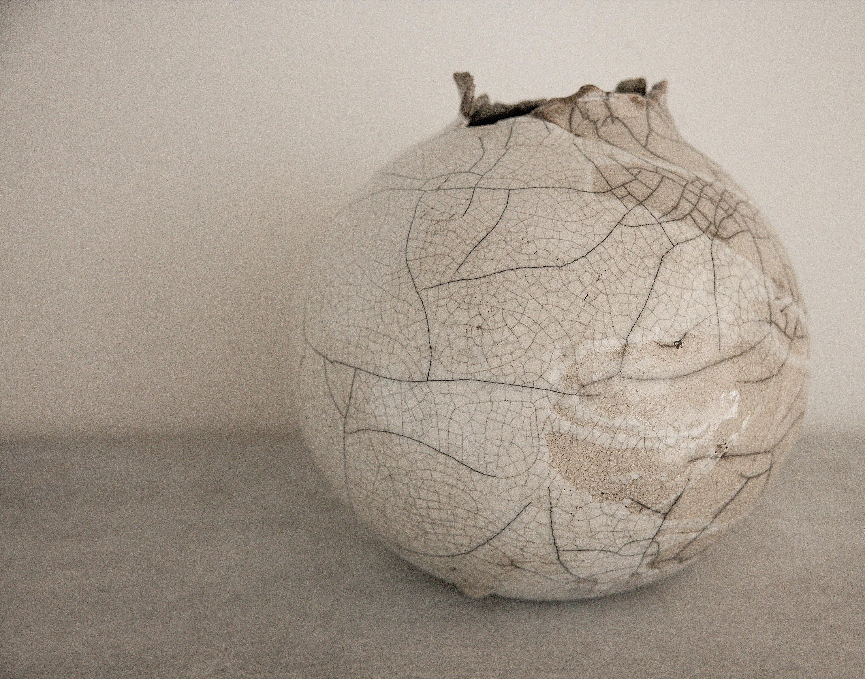 Raku White Crackle Moon Vase Handmade For Sale at 1stDibs