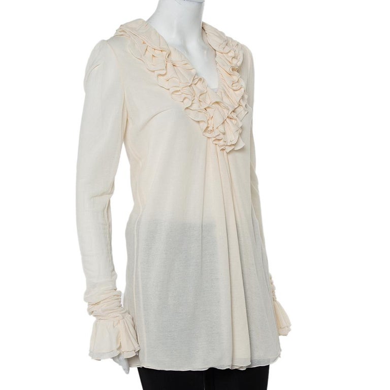 Ralph Lauren Cream Cotton Long Sleeve Ruffled Tunic M For Sale at 1stDibs