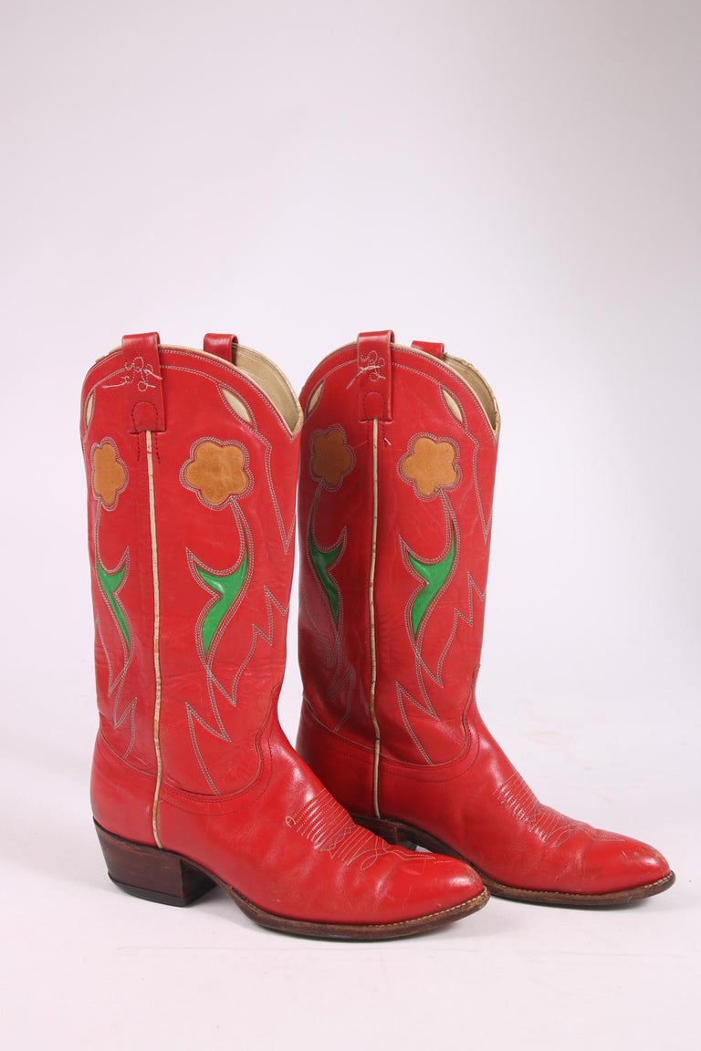 Ralph Lauren Red Leather Cowboy Boots w/Floral Motif 1980's at 1stDibs ...