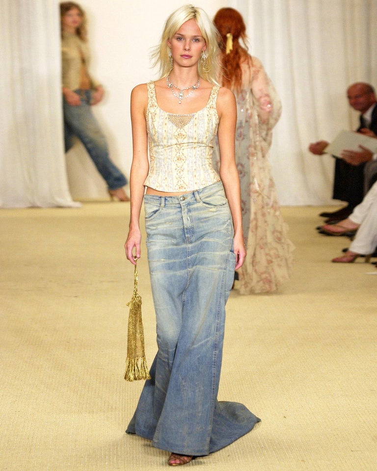 Ralph Lauren sandwashed denim maxi skirt with train, ss 2003 For Sale ...