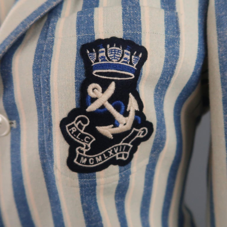 RALPH LAUREN Size 6 Light Blue Striped Cotton Crest Patch Jacket at 1stDibs