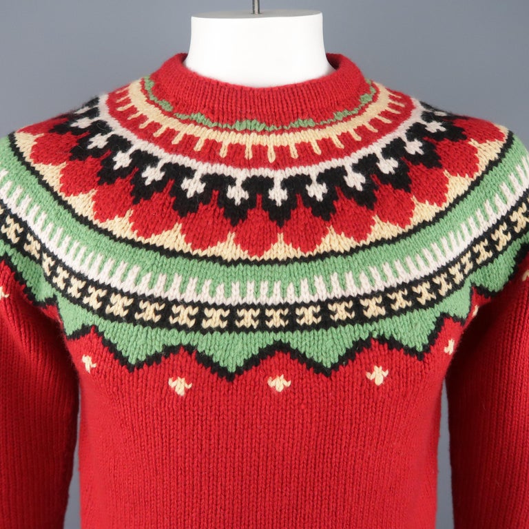 RALPH LAUREN Size M Red Knitted Wool Intarsia Pullover Sweater at 1stDibs