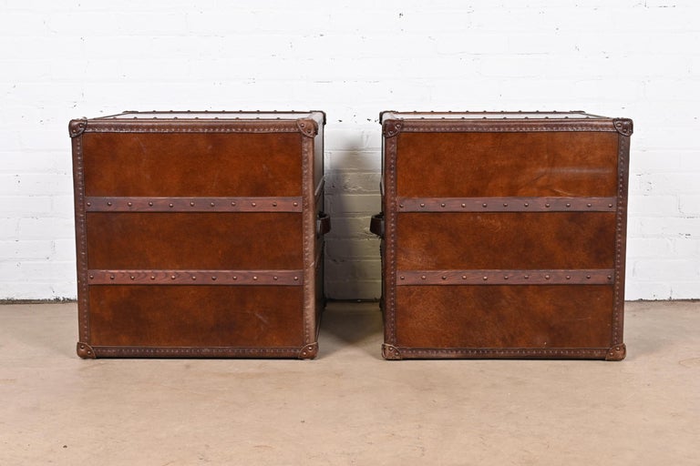 Ralph Lauren Style Leather Wrapped Trunk Form Bedside Chests, Pair at ...