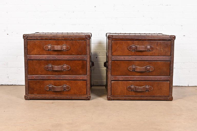 Ralph Lauren Style Leather Wrapped Trunk Form Bedside Chests, Pair at ...
