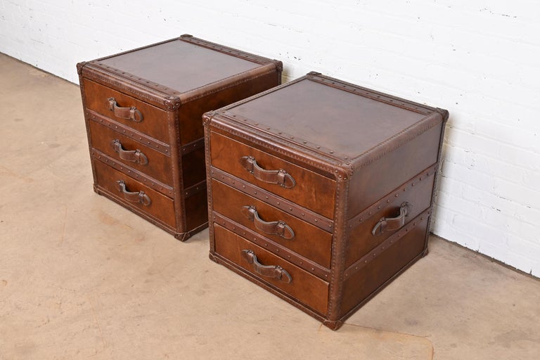 Ralph Lauren Style Leather Wrapped Trunk Form Bedside Chests, Pair at ...