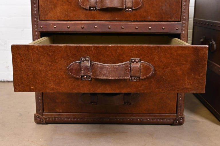 Ralph Lauren Style Leather Wrapped Trunk Form Bedside Chests, Pair at ...