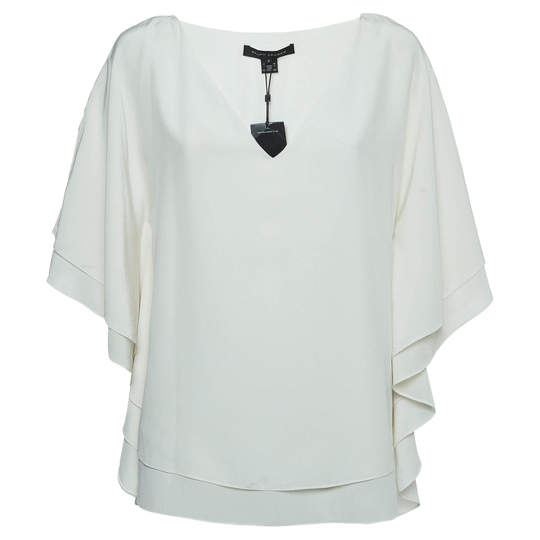 Ralph Lauren White Silk Ruffled Blouse L For Sale at 1stDibs