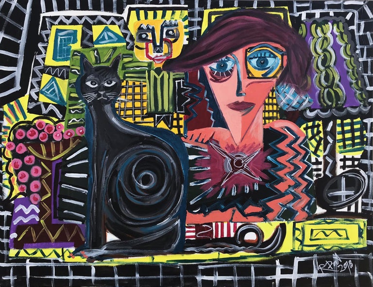 Ramon Poch - 1.-Boy with his black cat. original acrylic painting For ...