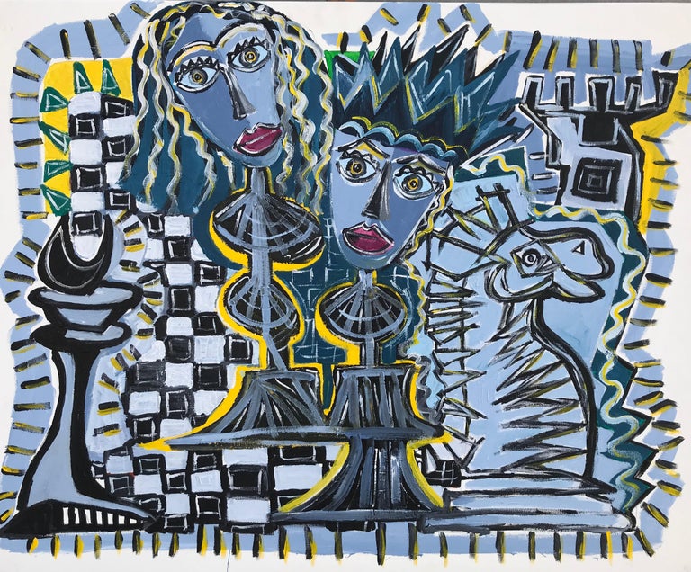 Ramon Poch - 5.-Chess in blue acrylic painting For Sale at 1stDibs