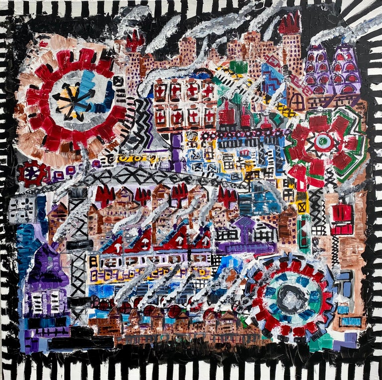 Ramon Poch - 82.-Industrial city 130 x 130 cm. original acrylic ...