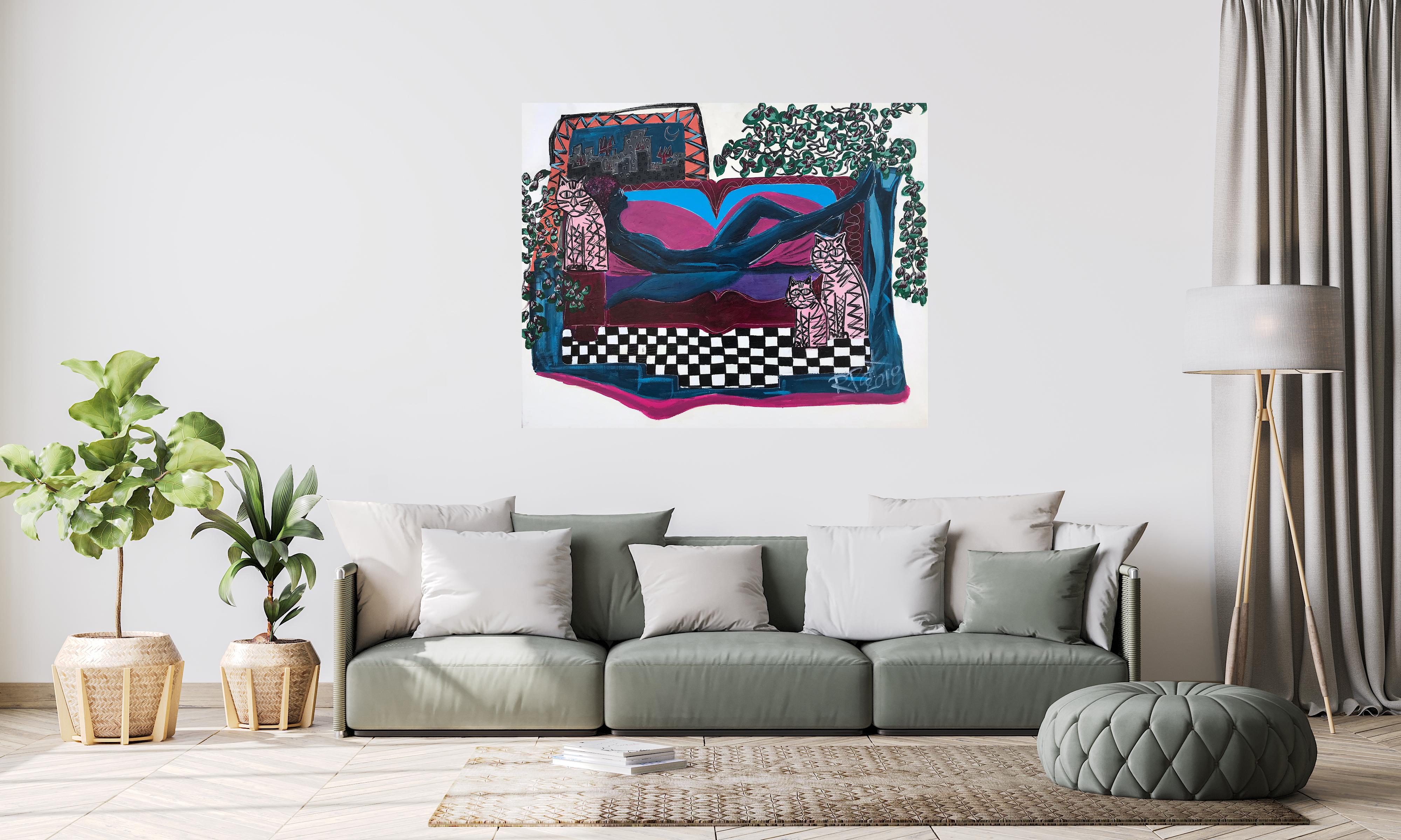 Ramon Poch - RAMON POCH Woman on Sofa acrylic painting For Sale at 1stDibs