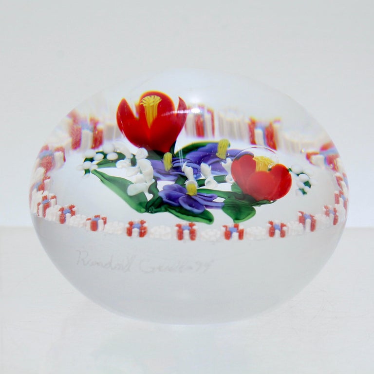 Randall Grubb Flat Flower Bouquet Glass Paperweight with a Millefiori ...