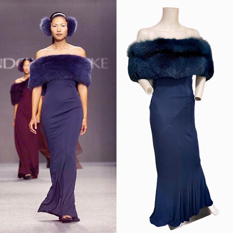 RANDOLPH DUKE 1999 vintage runway evening gown with huge fox fur stole ...