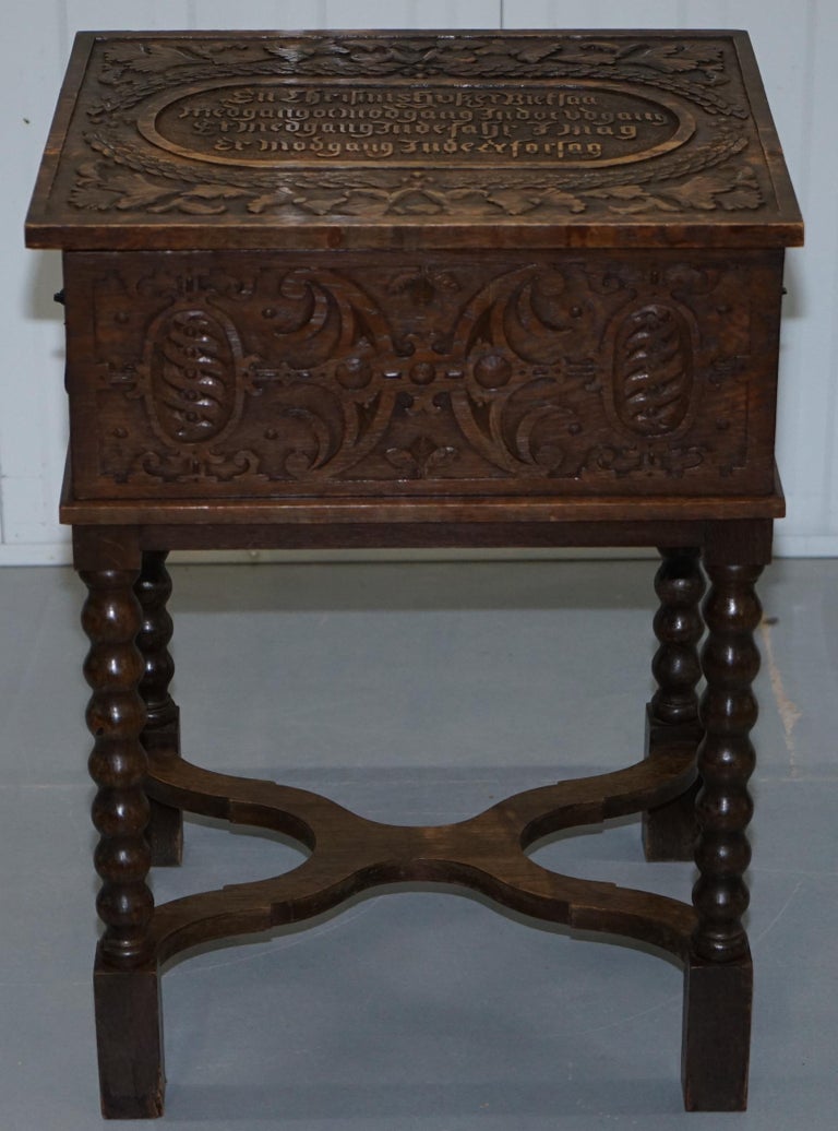 Rare 17th Century Heavily Carved Box and Stand Danish Inscription ...