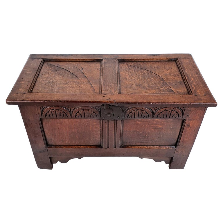 Rare 17th Century Small Oak Two-Panel Coffer with Original Carved ...