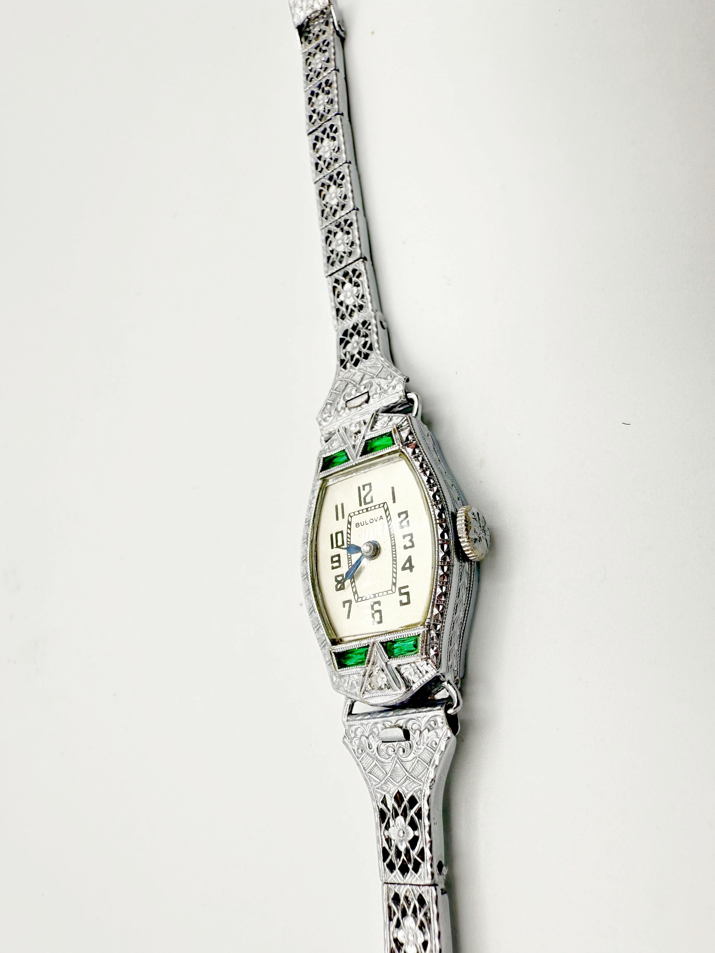 Rare 1928 Bulova 14K White Gold Art Deco Bracelet Watch, Diamonds and ...