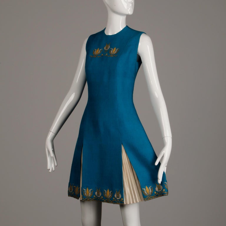 Rare 1960s Nikos-Takis Vintage Blue Shift Dress with Hand Embroidered ...