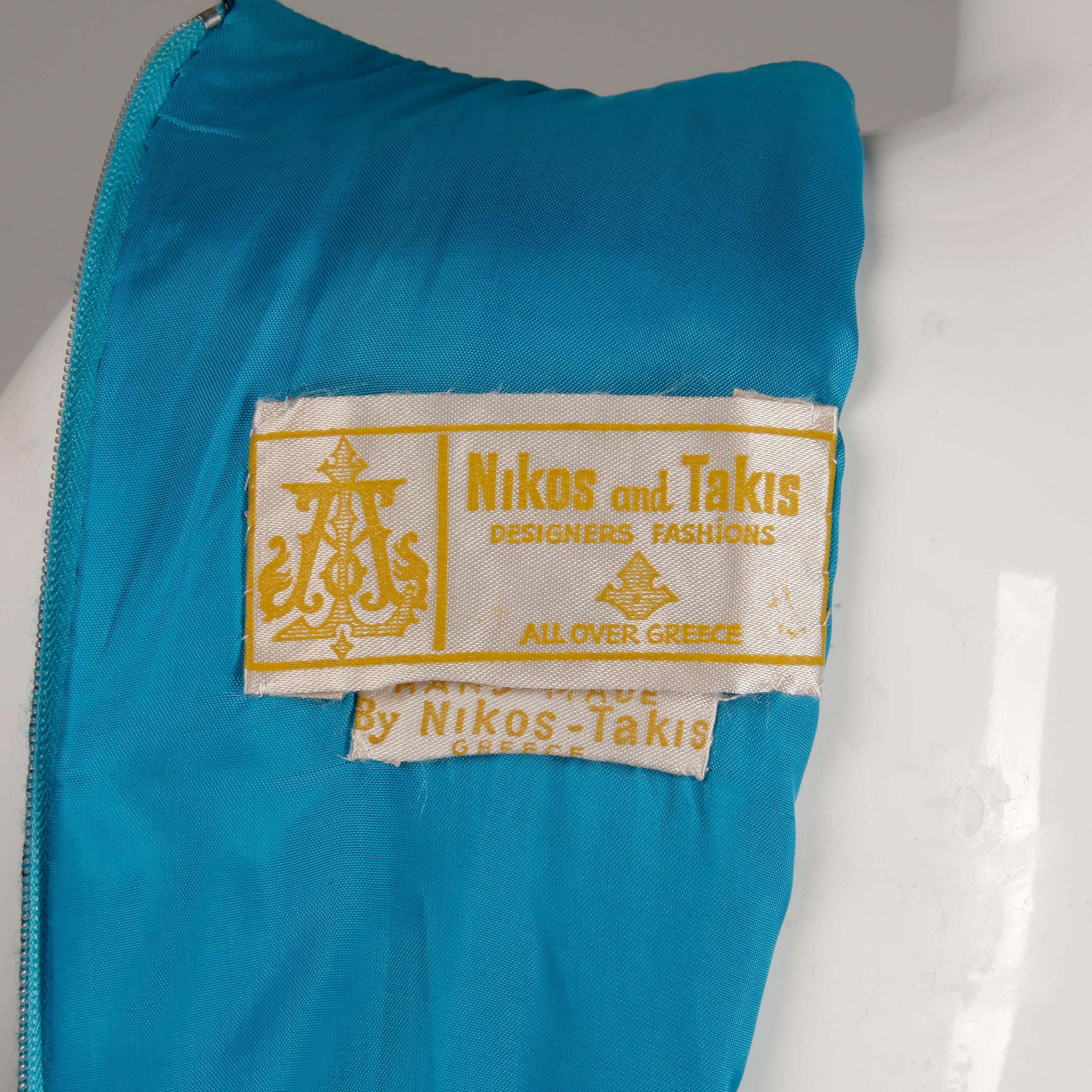 Rare 1960s Nikos-Takis Vintage Blue Shift Dress with Hand Embroidered ...