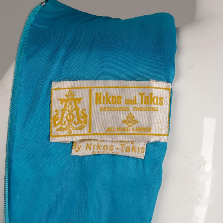 Rare 1960s Nikos-Takis Vintage Blue Shift Dress with Hand Embroidered ...