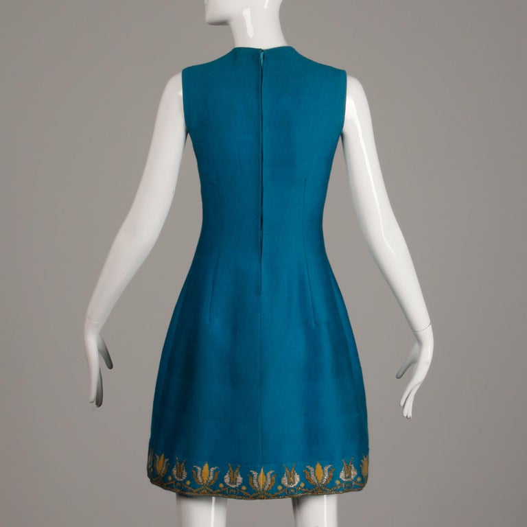 Rare 1960s Nikos-Takis Vintage Blue Shift Dress with Hand Embroidered ...
