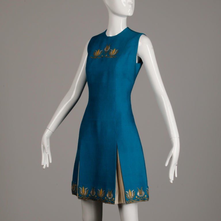 Rare 1960s Nikos-Takis Vintage Blue Shift Dress with Hand Embroidered ...