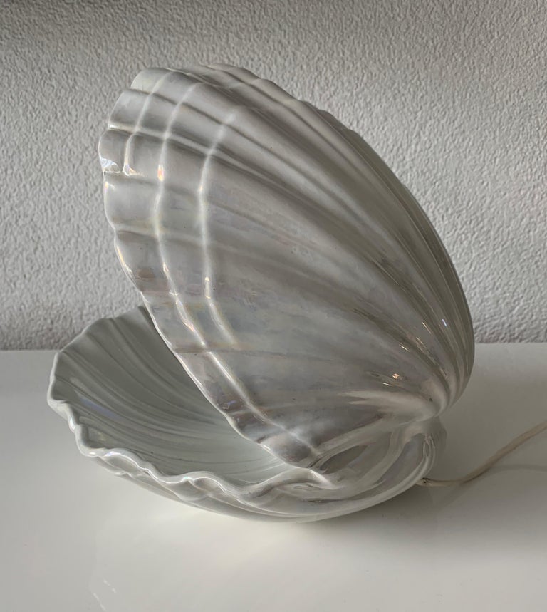 Rare 1970s Glazed Ceramic Shell or Clam with Glass Pearl Table or Night ...
