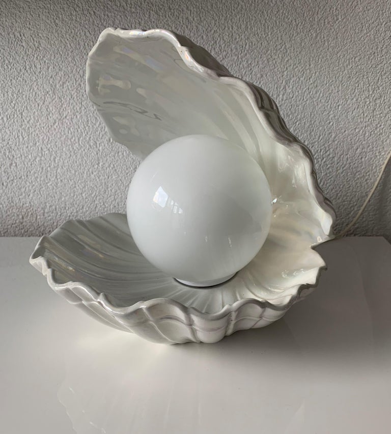 Rare 1970s Glazed Ceramic Shell or Clam with Glass Pearl Table or Night ...