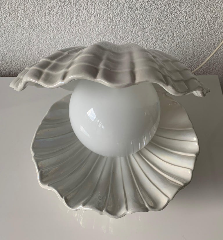 Rare 1970s Glazed Ceramic Shell or Clam with Glass Pearl Table or Night ...