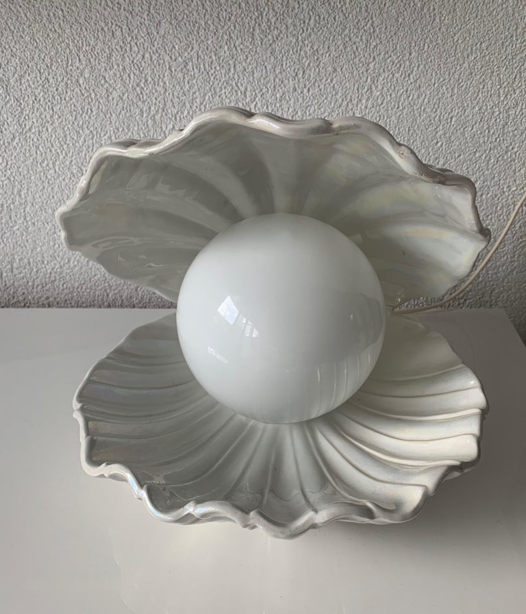 Rare 1970s Glazed Ceramic Shell or Clam with Glass Pearl Table or Night ...