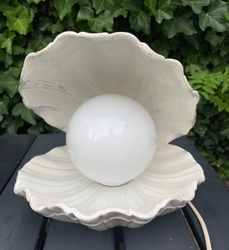 Rare 1970s Glazed Ceramic Shell or Clam with Glass Pearl Table or Night ...