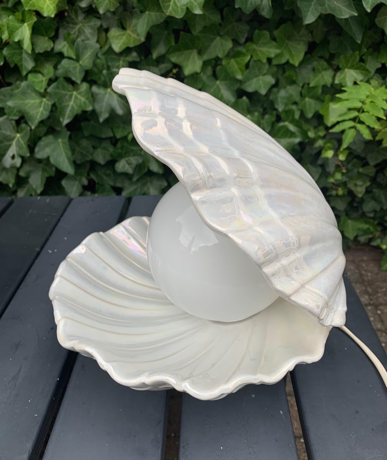Rare 1970s Glazed Ceramic Shell or Clam with Glass Pearl Table or Night ...