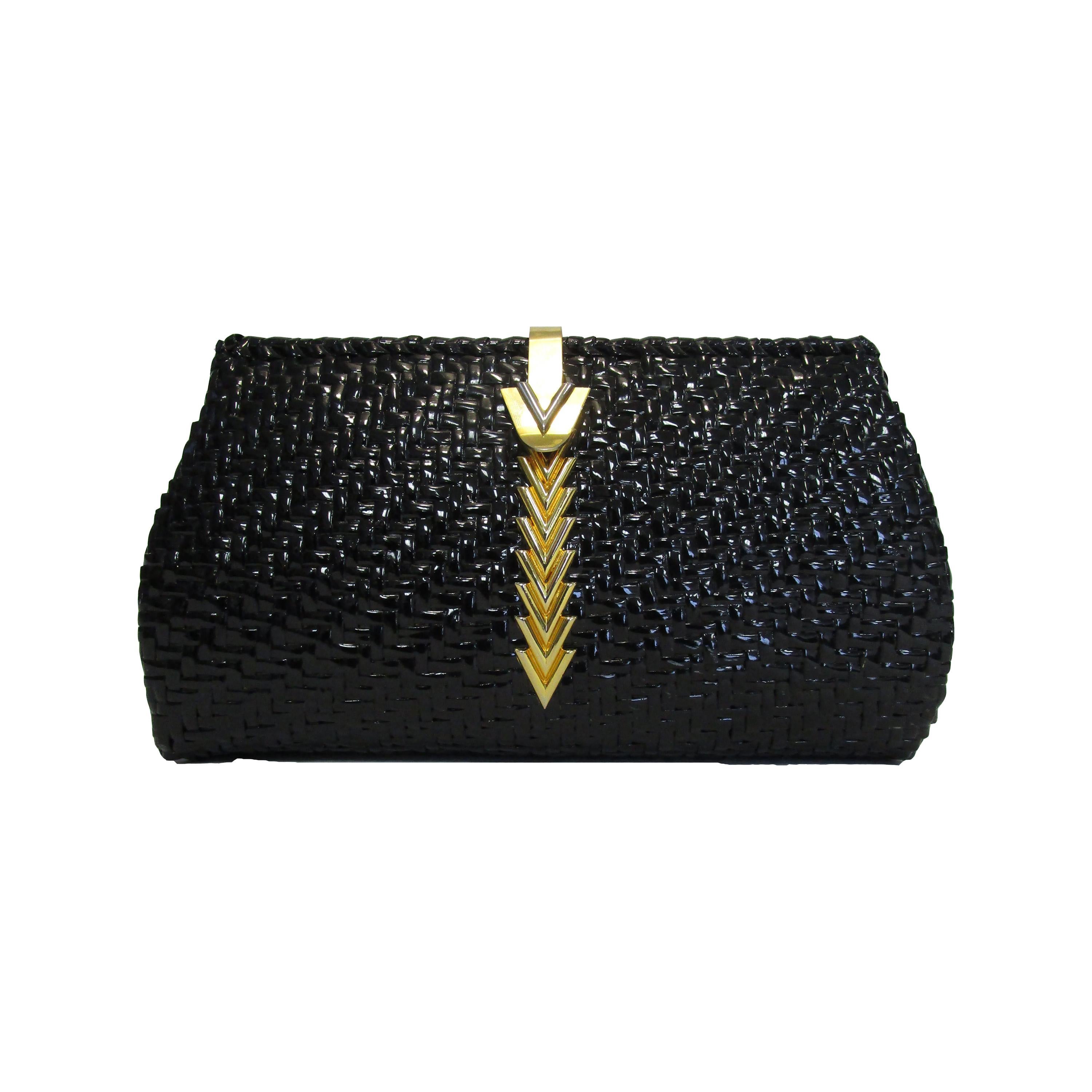 Rare 1970s Mario Valentino Black Glazed Wicker Clutch W/ Gold Logo ...