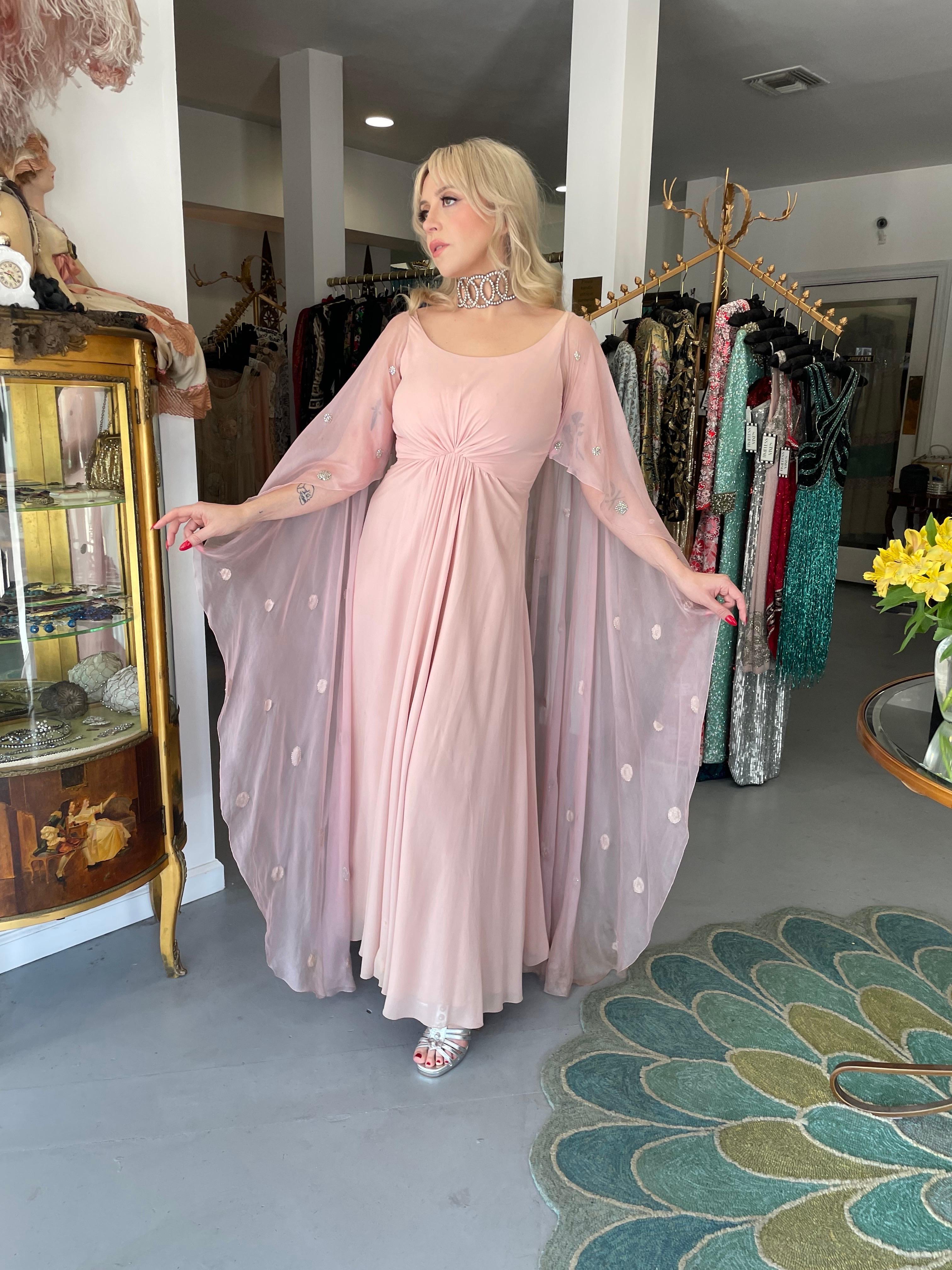 Rare 1974 Valentino Haute Couture Pale-Pink Beaded Crystal Silk Winged ...