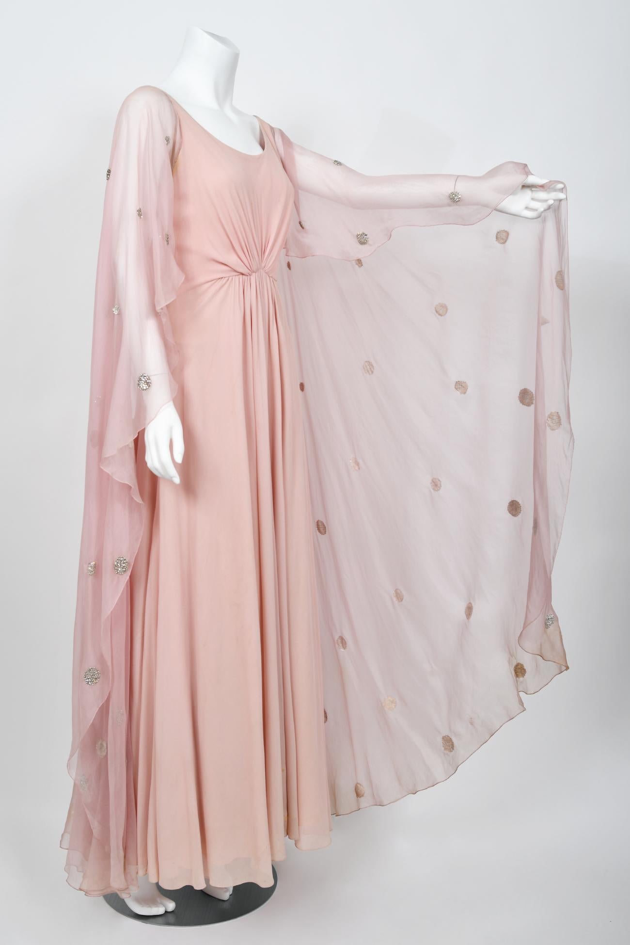 Rare 1974 Valentino Haute Couture Pale-Pink Beaded Crystal Silk Winged ...
