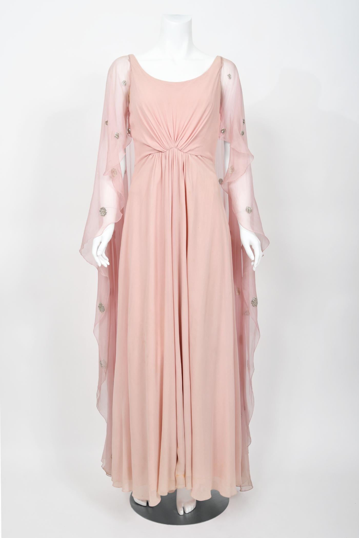 Rare 1974 Valentino Haute Couture Pale-Pink Beaded Crystal Silk Winged ...