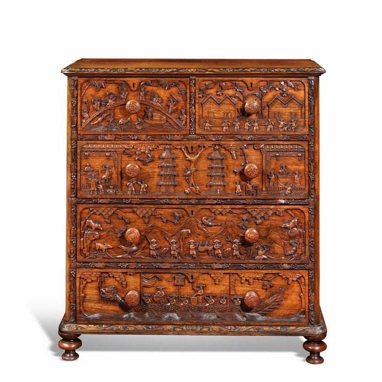 Rare 19th Century Carved Wood Padouk Chinese Campaign Chest For Sale at ...
