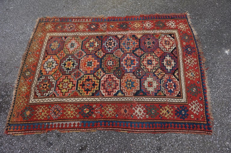 Rare 19th Century Star Kazakh Caucasus Tribal Hand-knotted Rug Natural ...