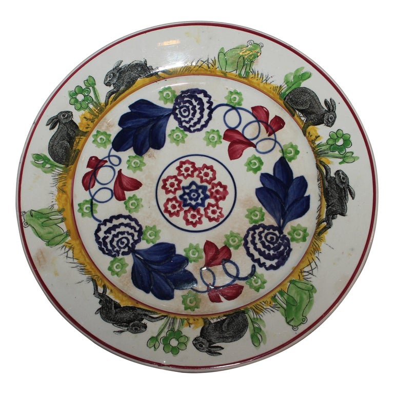 Rare 19th Century Stick Spatter Rabbit Plate For Sale at 1stDibs