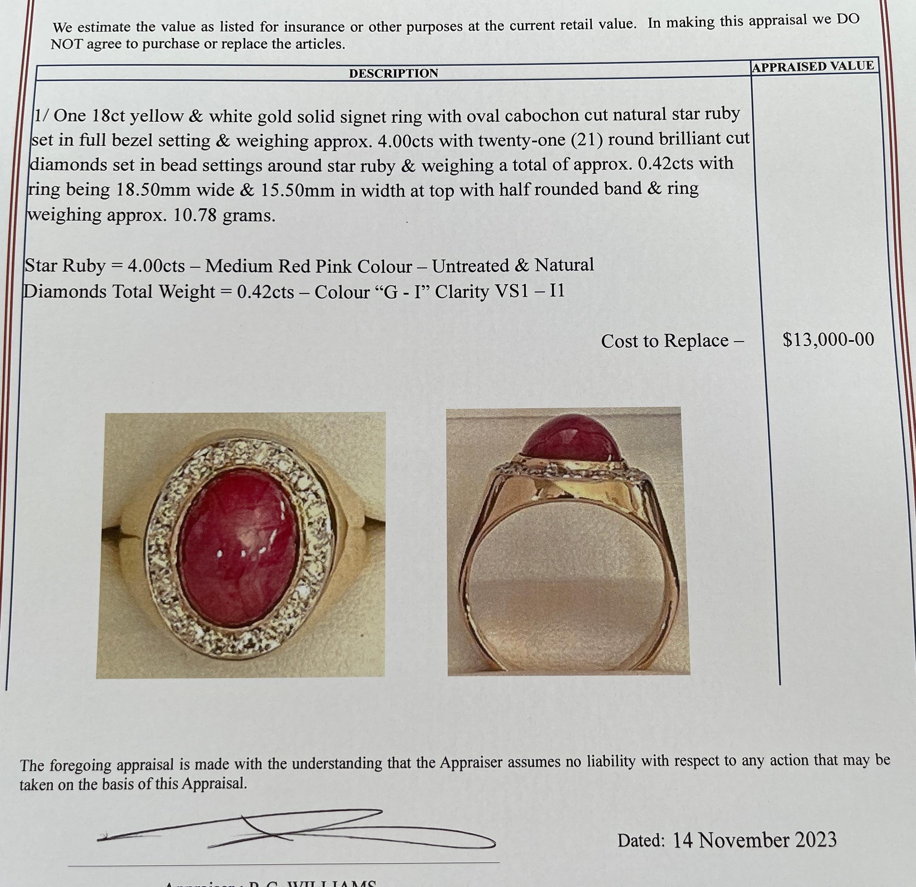 Rare 4ct Untreated Star Ruby Diamond Halo Ring 18ct Yellow Gold Gents Unisex For Sale at 1stDibs