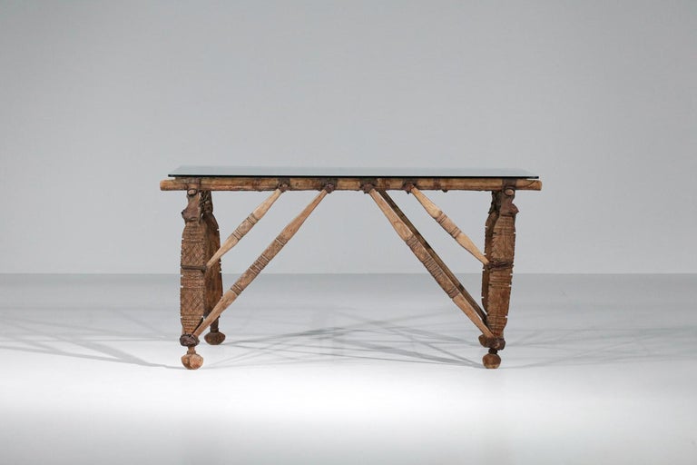 Rare 1960s African Ethnic Console Table in Wood and Leather Glass For ...