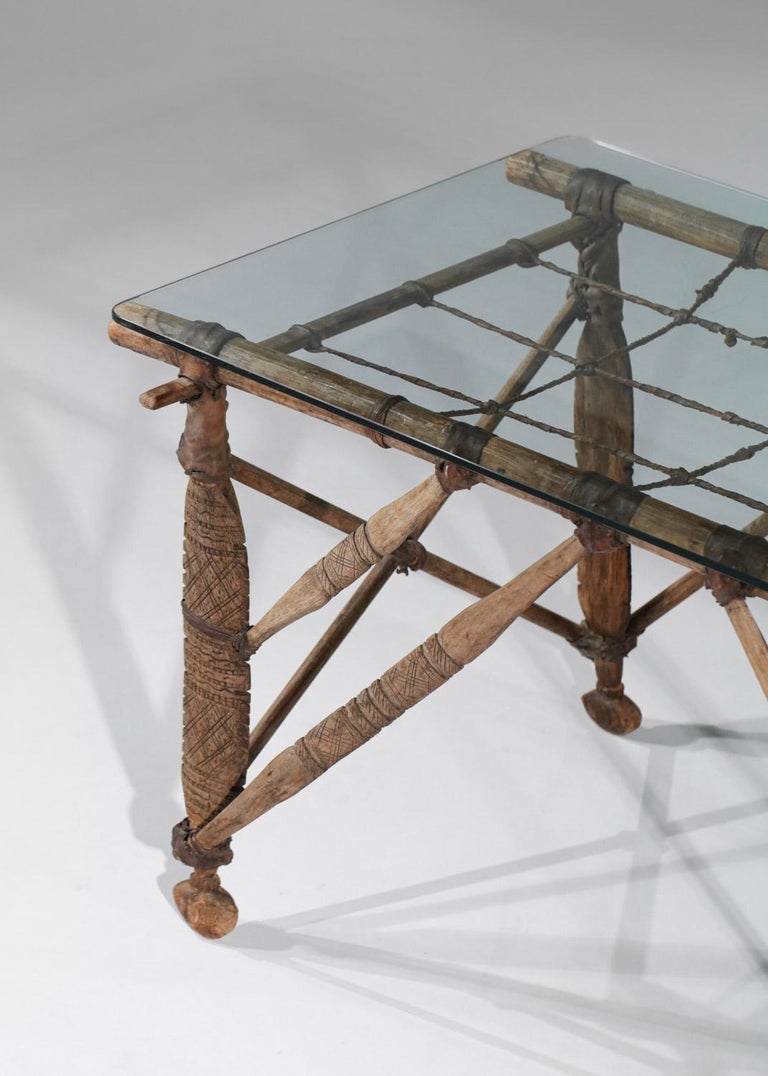 Rare 1960s African Ethnic Console Table in Wood and Leather Glass For ...