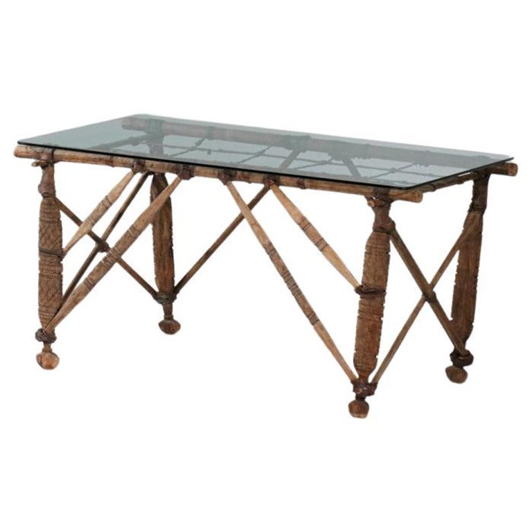 Rare 1960s African Ethnic Console Table in Wood and Leather Glass For ...