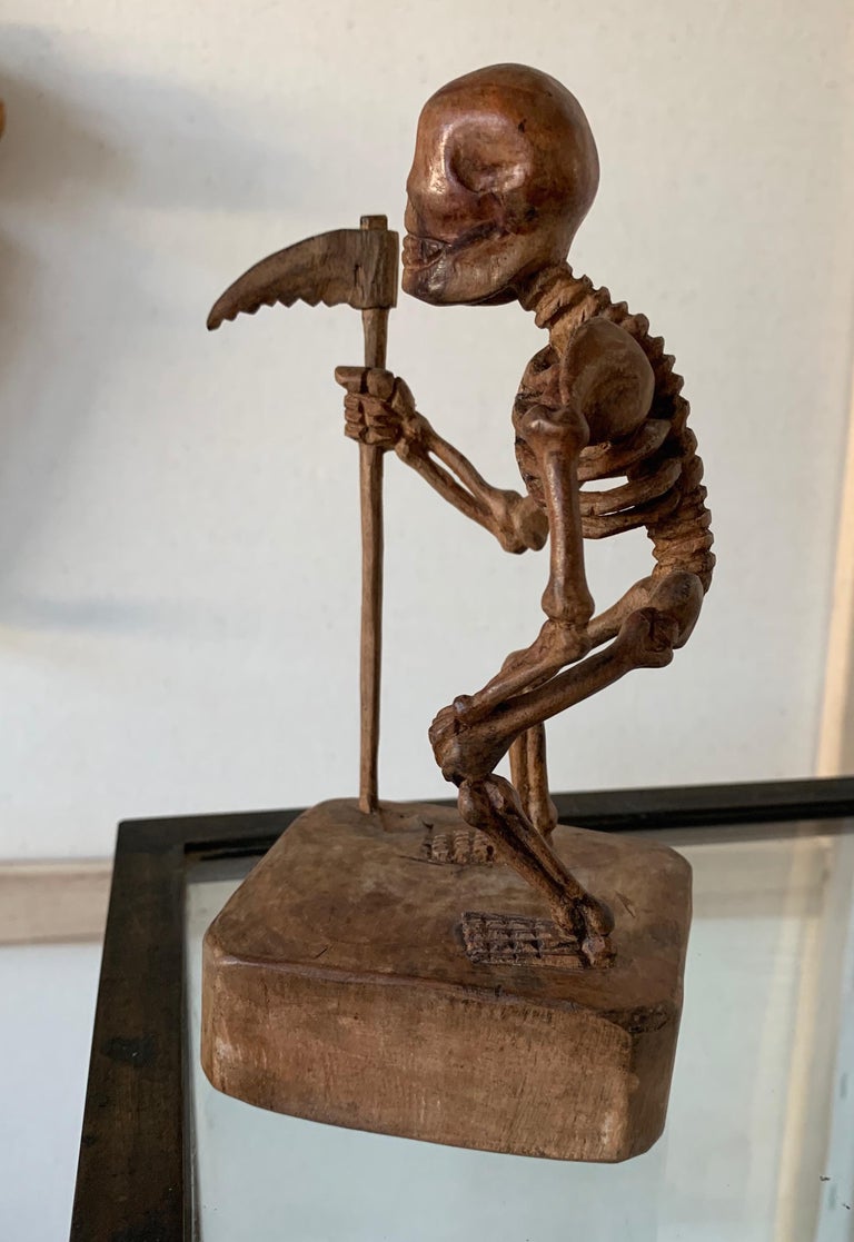 Rare and All Hand Carved Wooden Folk Art Miniature Grim Reaper Skeleton ...