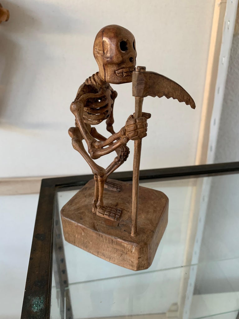 Rare and All Hand Carved Wooden Folk Art Miniature Grim Reaper Skeleton ...