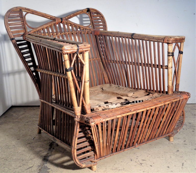 Rare Art Deco Stick Wicker Rattan Lounge Chair For Sale at 1stDibs