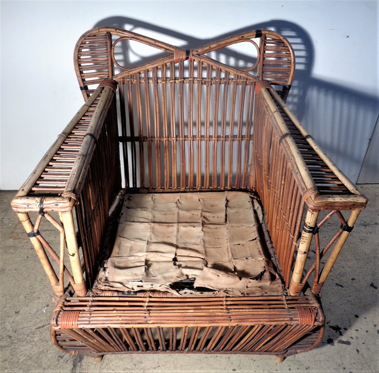 Rare Art Deco Stick Wicker Rattan Lounge Chair For Sale at 1stDibs
