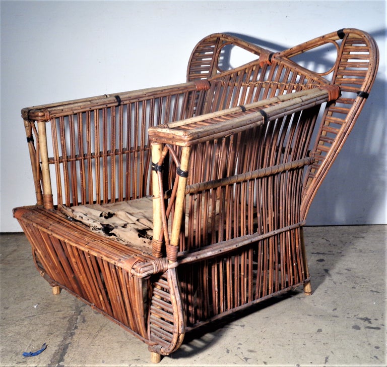 Rare Art Deco Stick Wicker Rattan Lounge Chair For Sale at 1stDibs